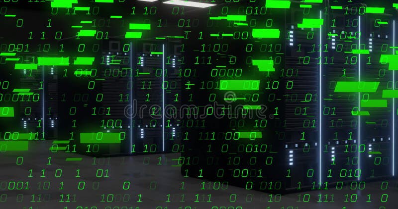 In Data Center Binary Code Animation Moving Over Servers Creating