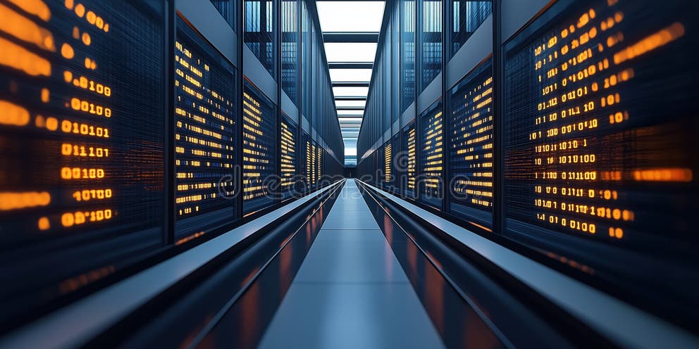 Data Center with Binary Code and Modern Servers Stock Illustration - Illustration of binary ...