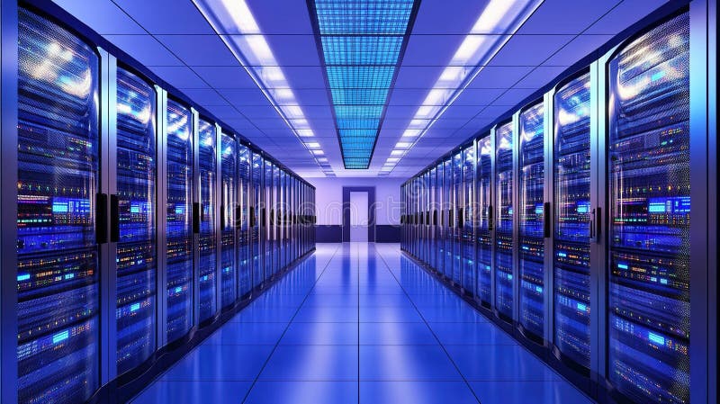 Data Center with Blue Lighting and Rows of Server Racks in a Modern ...