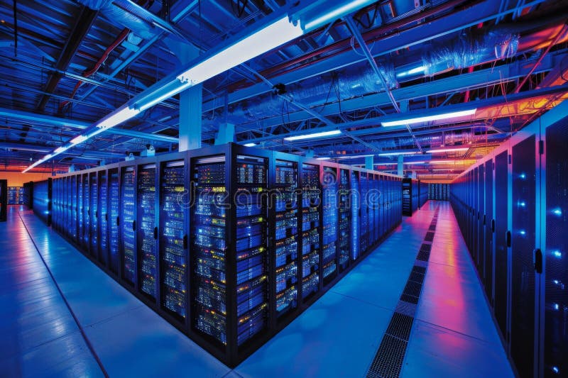 Rows of Servers Fill a Long Building Hallway in a Data Center Stock ...
