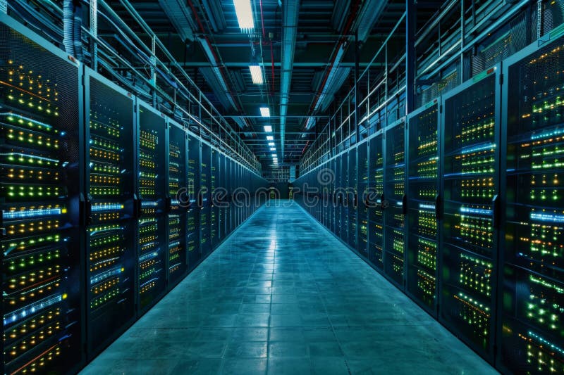Rows of Servers Fill a Long Building Hallway in a Data Center Stock ...