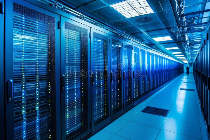 Rows of Servers Fill a Long Building Hallway in a Data Center Stock ...