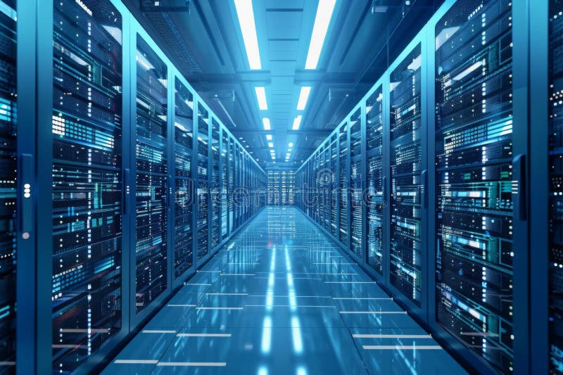 Rows of Servers Fill a Long Building Hallway in a Data Center Stock ...