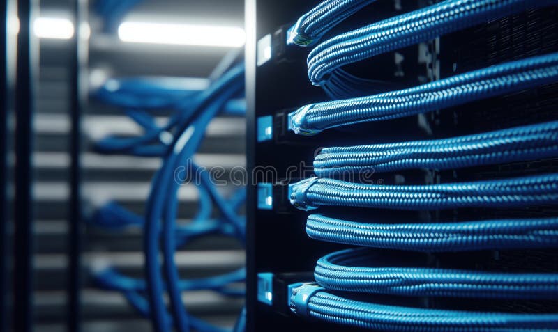 Data Center Cables and Network Infrastructure with Blue Fiber Optic ...