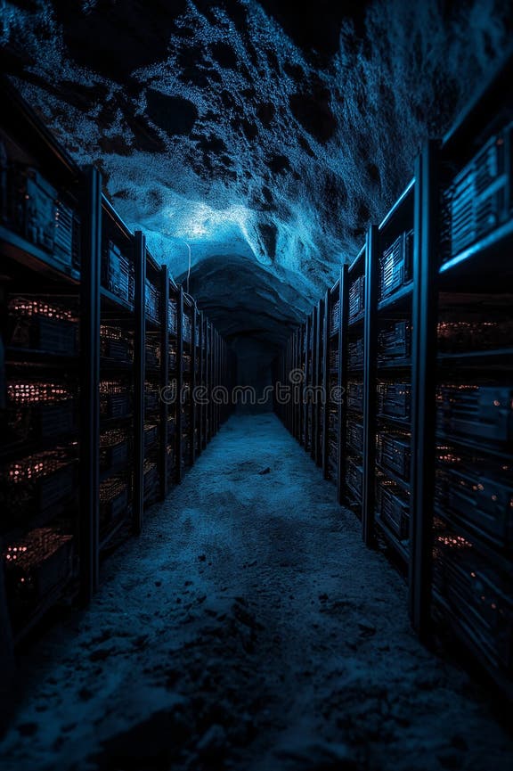 Data Center in a Cave, Servers Lining a Pathway Under a Rocky Ceiling ...