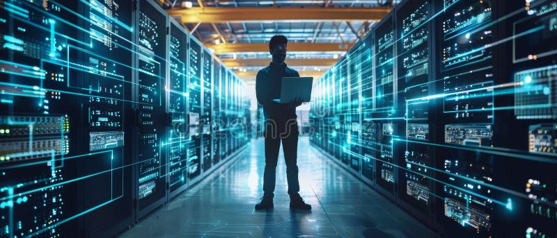 Data Center Chief Technology Officer Holding Laptop, Standing in ...