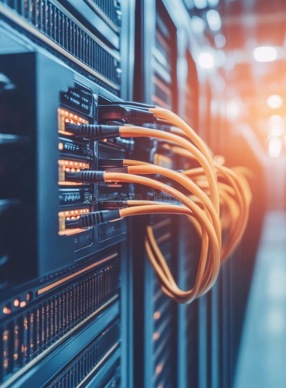 In a Data Center, a Close-up Shot Shows Network Cables Connected To a ...