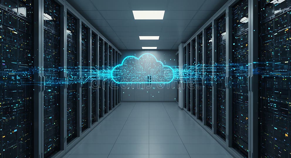 Data Center Cloud Computing Connection with Server Racks and Glowing ...