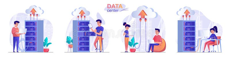 Data Center Concept Scenes Set. Engineers Work in Server Room, Maintain ...
