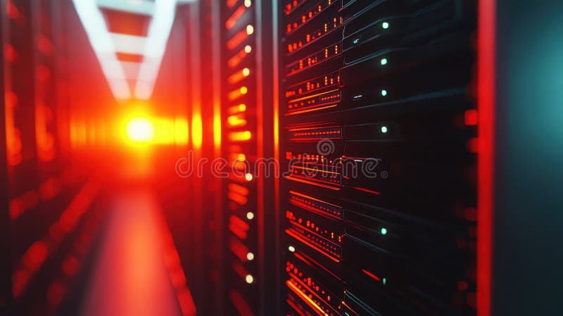 Data Center Core: Rows of Servers with Glowing Lights in a Secured ...