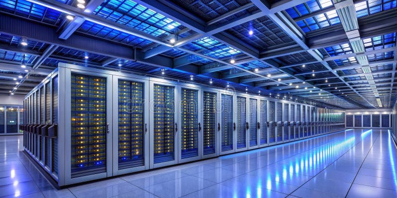 Data Center Corridor with Blue Lighting and Rows of Servers, Server Room , Data Center ...