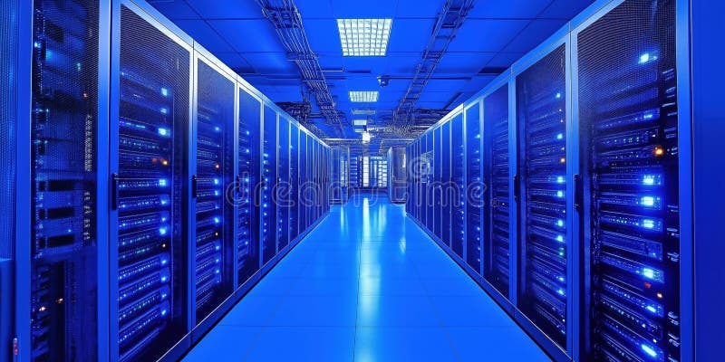 Data Center Corridor with Blue Lighting and Server Racks in Modern ...