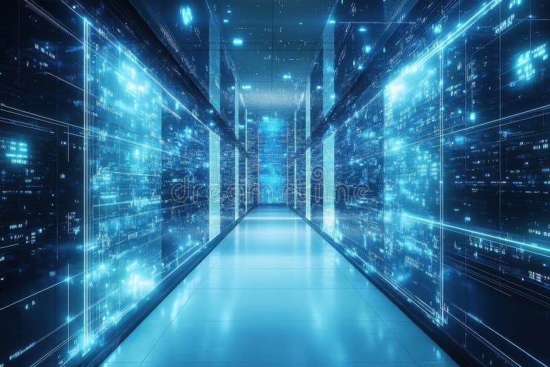 Data Center Corridor with Bright Blue Lights. Server Racks Line the ...