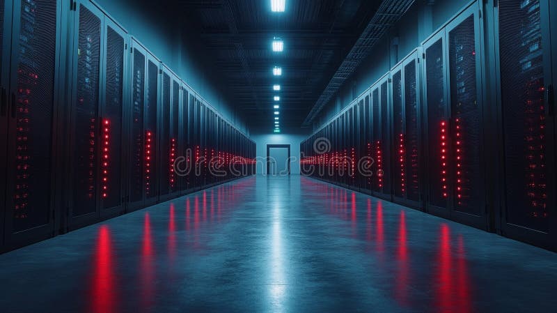 Data Center Corridor with CCTV Systems Monitoring Activity at Night ...