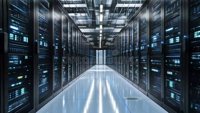 Long Corridor of Illuminated Server Racks in a Modern Data Center Facility Stock Footage - Video ...