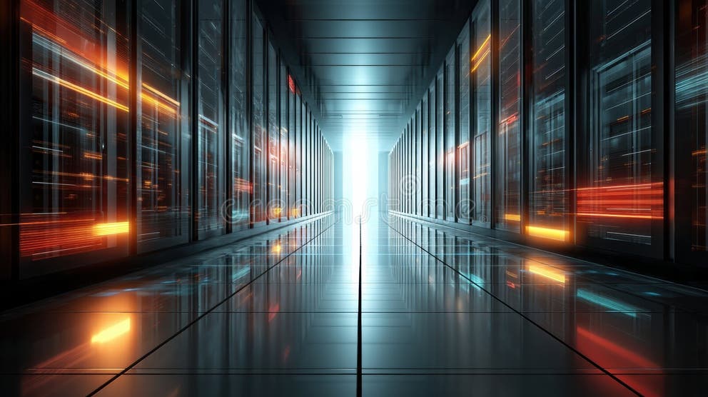 Data Center Corridor Features Glowing Servers and Reflective Floors ...