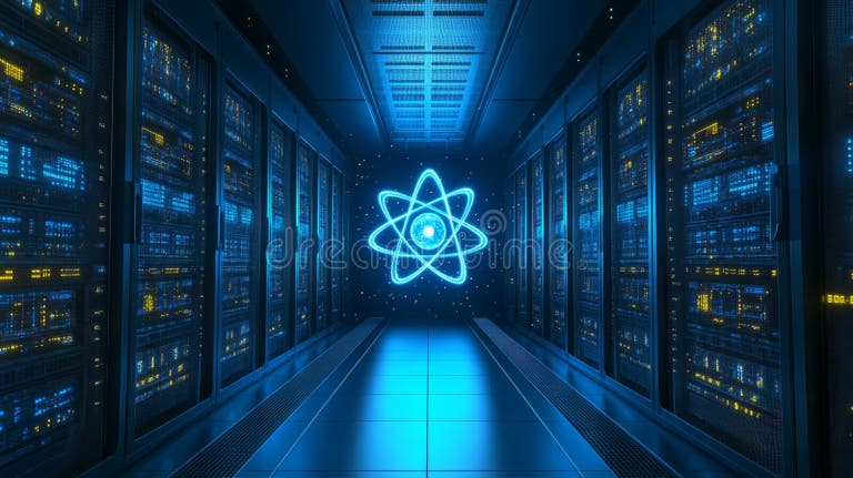 The Data Center Corridor Features a Technology Background with a Glowing Atom Core, Blue Light ...