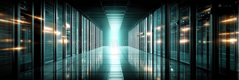 Data Center Corridor Featuring Glowing Servers and Reflective Floors ...