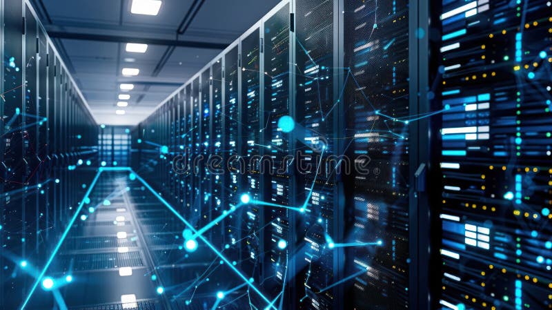 A Data Center Corridor Filled with Server Racks and Digital Network ...