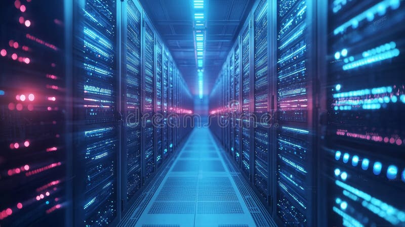 Data Center Corridor with Glowing Blue and Pink Server Lights Stock ...
