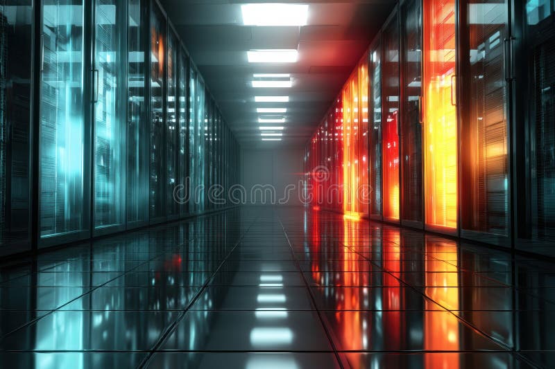Data Center Corridor with Glowing Servers and Reflective Floors ...