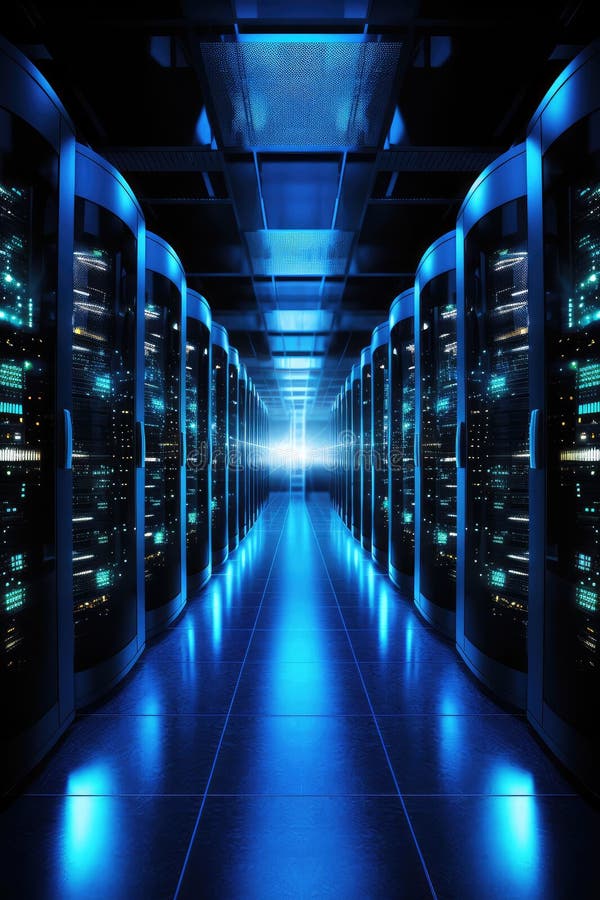 Data Center Corridor Illuminated by Blue Light at Night Stock ...