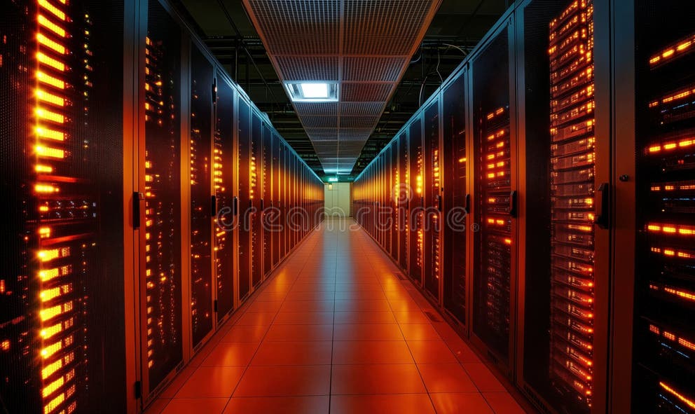 Data Center Corridor Illuminated by Orange Lights, Showcasing Rows of ...