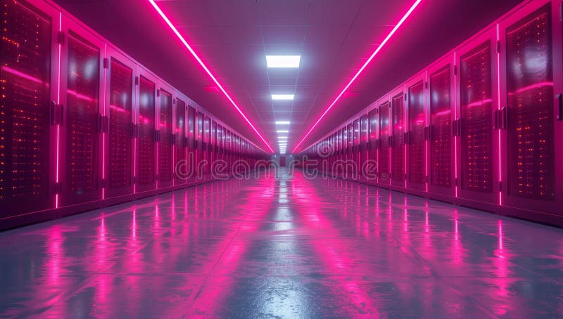 A Data Center Corridor is Illuminated by Pink Neon Lights with Server ...