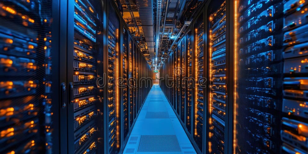 Data Center Corridor with Illuminated Server Racks and Advanced ...