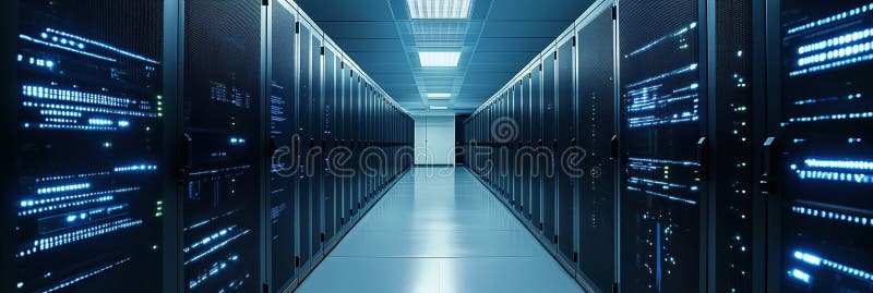 Data Center Corridor with Illuminated Server Racks Showcasing Advanced ...