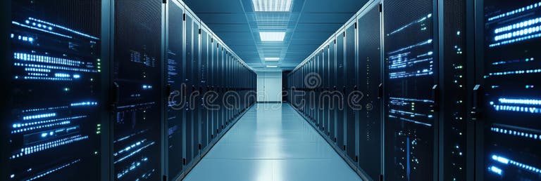 Data Center Corridor with Illuminated Server Racks Showcasing Advanced ...