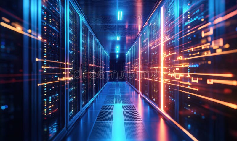 Data Center Corridor with Illuminated Servers and Digital Connections ...