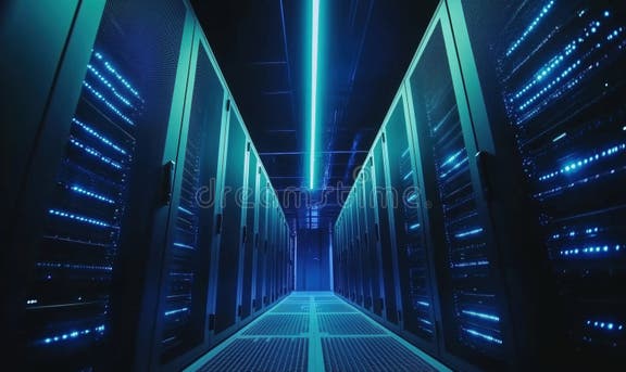 Data Center Corridor with Illuminated Servers, Futuristic Technology ...
