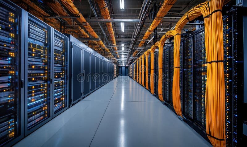 Data Center Corridor with Illuminated Servers and Organized Cable ...