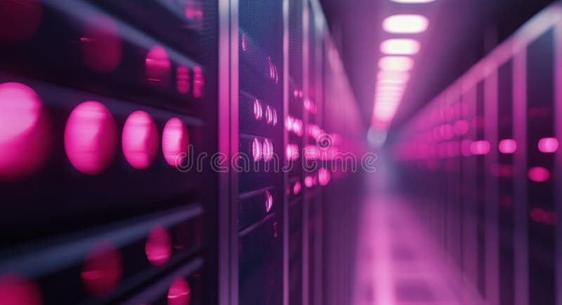 Data Center Corridor Illuminated with Vibrant Pink Lights at Nighttime ...