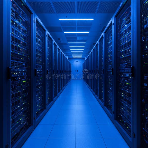 A Data Center Corridor Lined with Server Racks on Both Sides. the Room ...