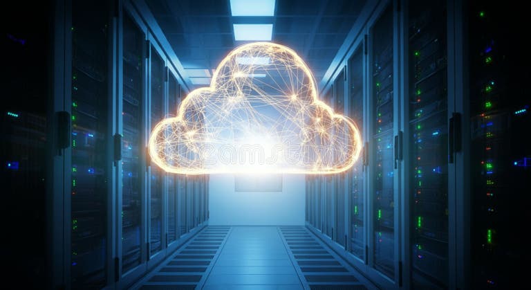 A Data Center Corridor Lined with Server Racks is Depicted, Featuring a ...