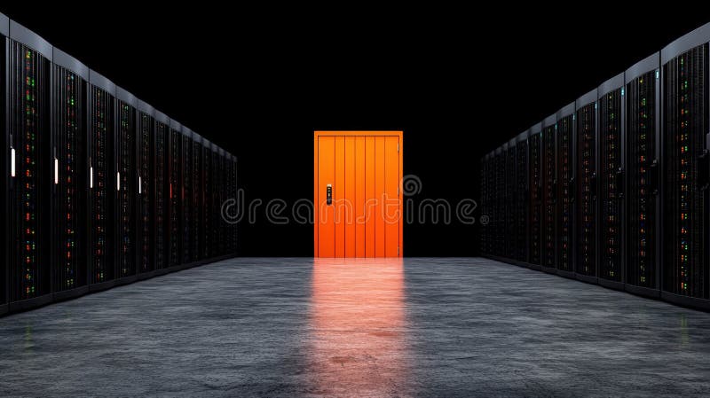 Data Center Corridor with Orange Door Black Servers and Polished ...
