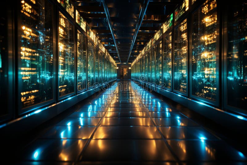 Data Center Corridor with Rack Servers, Supercomputers, and Internet ...