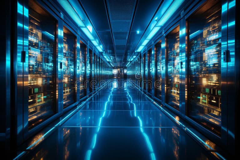 Data Center Corridor with Rack Servers, Supercomputers, and Internet ...