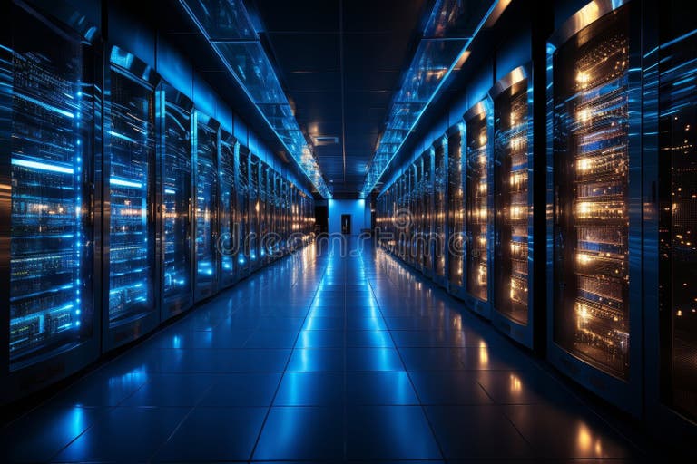 Data Center Corridor with Rack Servers, Supercomputers, and Internet ...