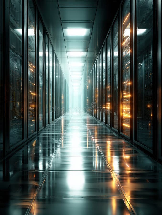 Data Center Corridor with Reflective Floors and Glowing Servers ...