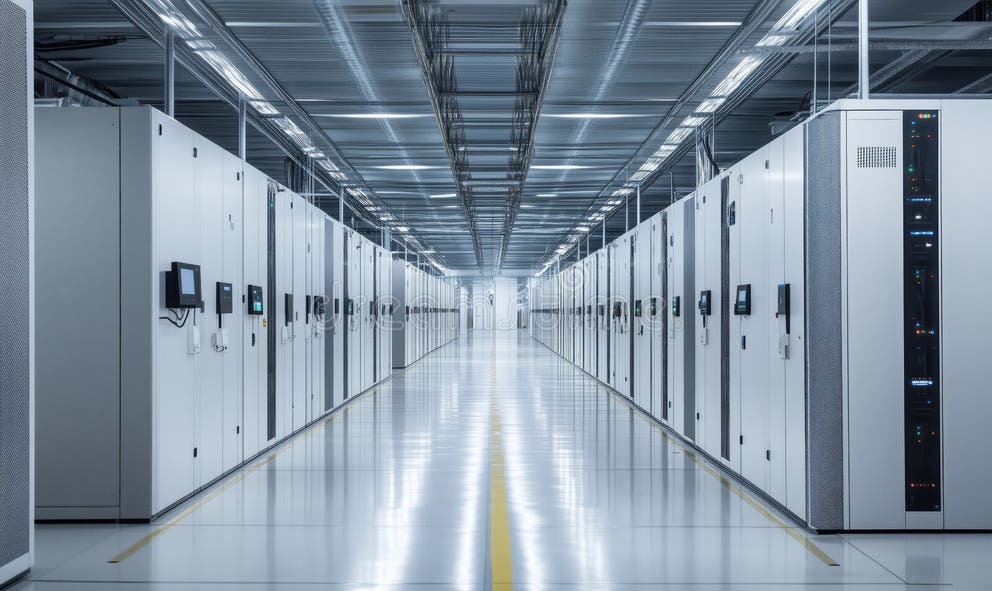 Data Center Corridor with Rows of Server Racks and Advanced Cooling ...