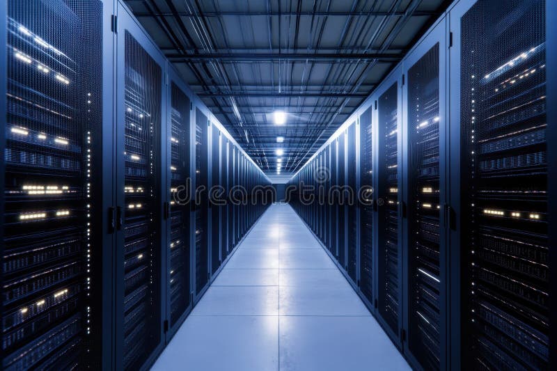 Data Center Corridor with Rows of Server Racks Illuminated in Blue ...