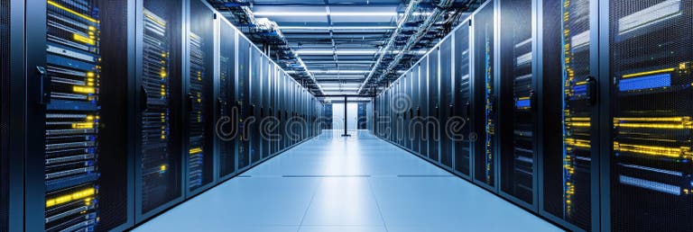 Data Center Corridor with Rows of Server Racks Illuminated by Blue and ...