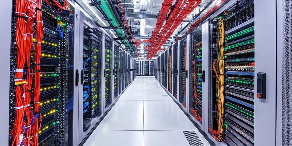 Data Center Corridor with Server Racks and Colorful Cable Management ...