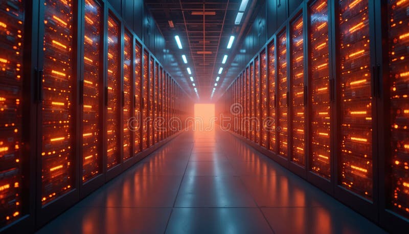 Data Center Corridor with Server Racks Emitting Bright Orange Light. Modern Tech, Digital ...
