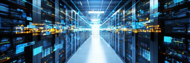 Data Center Corridor with Servers, Network, Security, Information ...