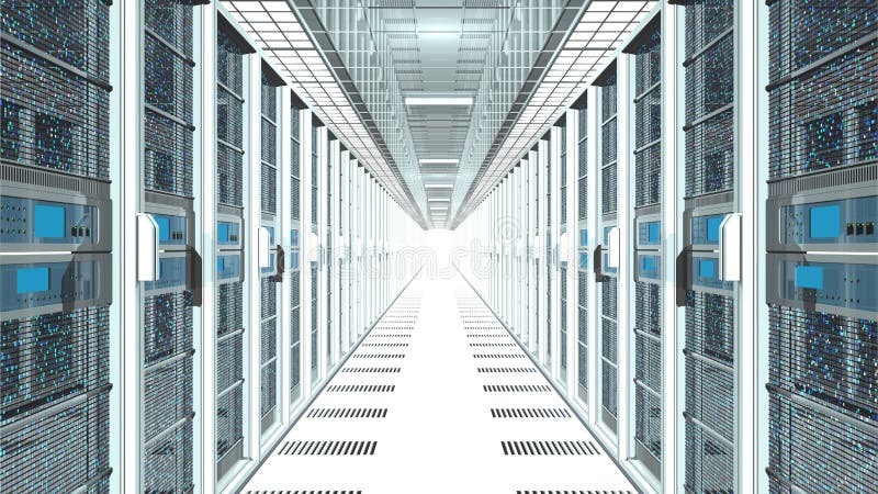 Data Center Corridor with White Servers with Blue Lights Projecting To ...