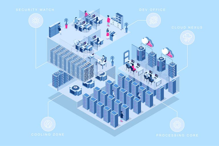 Data Center 3d Isometric Concept for Web Design. People in Isometry ...